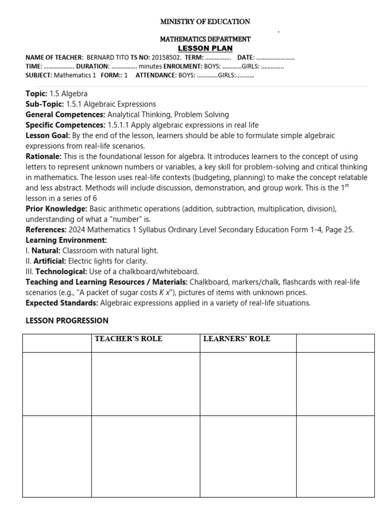 Algebra Mathematics 1 Form 1 Lesson Plans | PDF | Learning | Variable ...