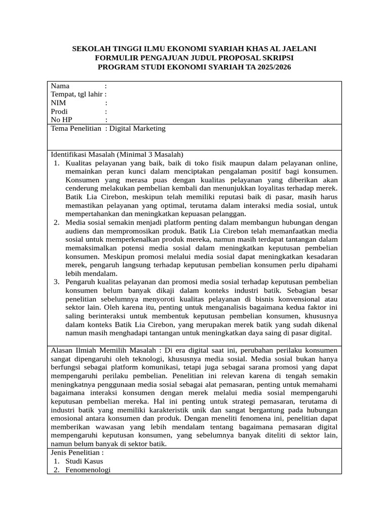 Formulir Pengajuan Judul Proposal Skripsi | PDF