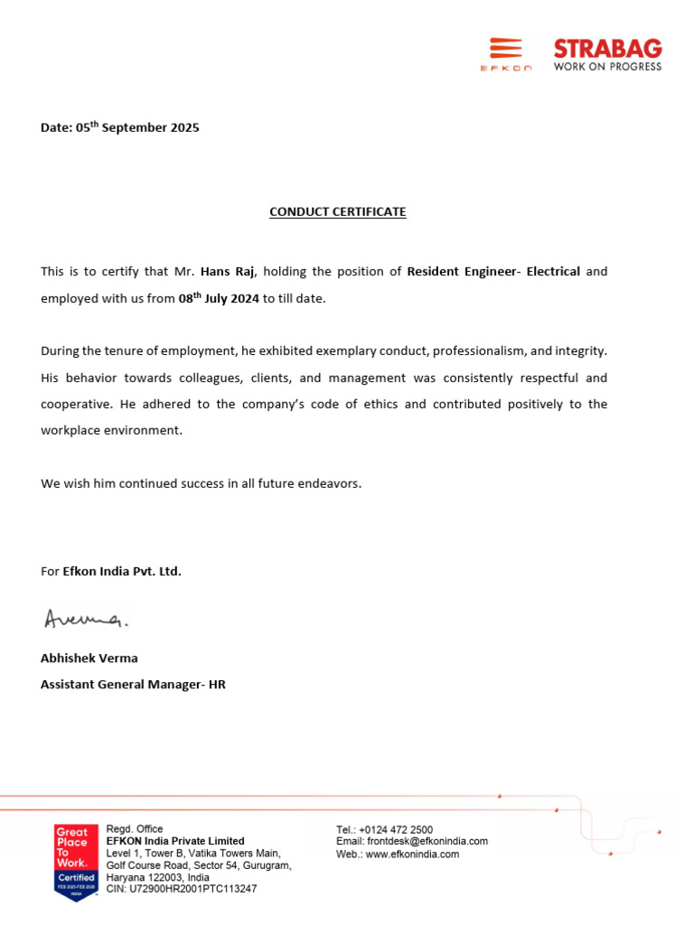 Conduct Certificate - Hans Raj | PDF