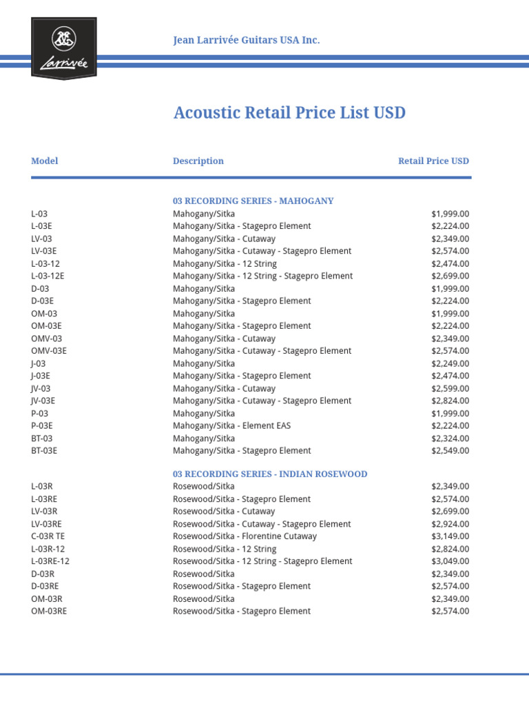 Jean Larrivée Guitars Price List | PDF | Guitars | Guitar Family ...
