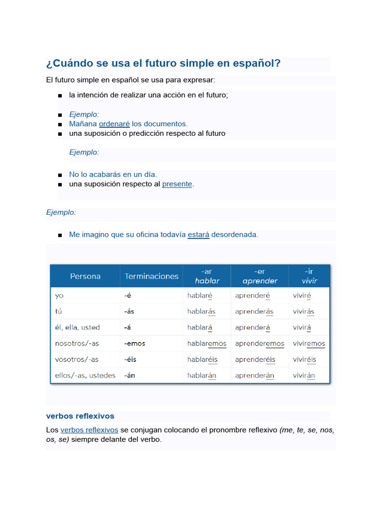 Uso del futuro simple en español | PDF