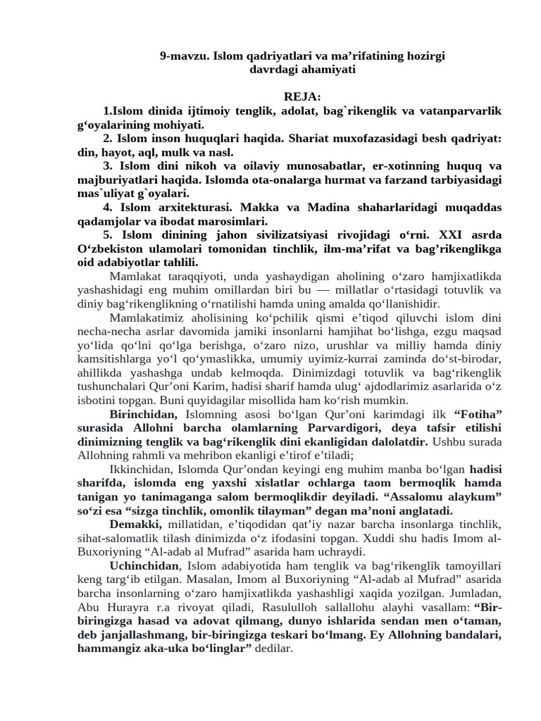 9-Mavzu. Islom Qadriyatlari Va Ma'Rifatining Hozirgi | PDF