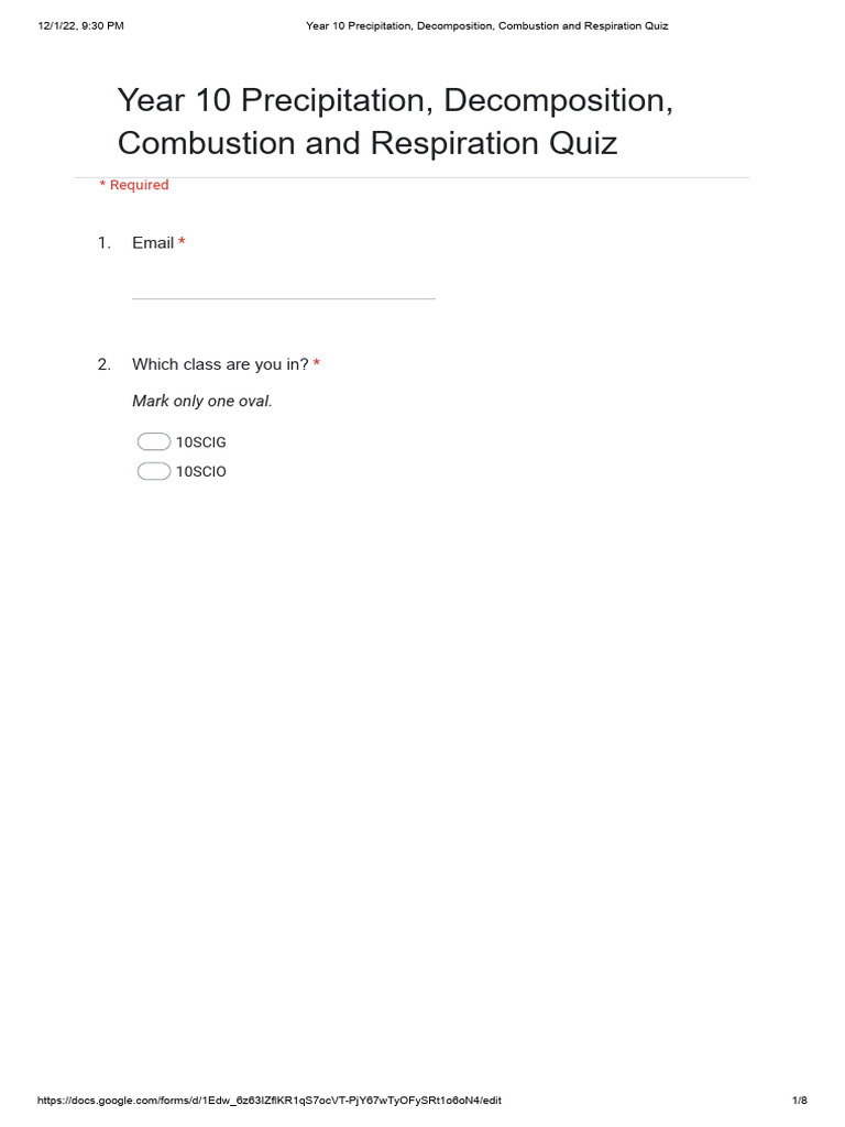 Year 10 Precipitation, Decomposition, Combustion and Respiration Quiz ...
