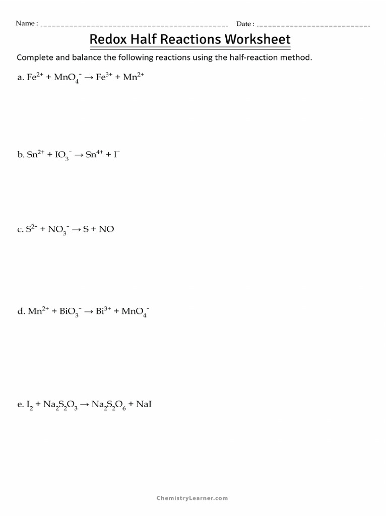 Oxidation and Reduction Half Reactions Worksheet | PDF
