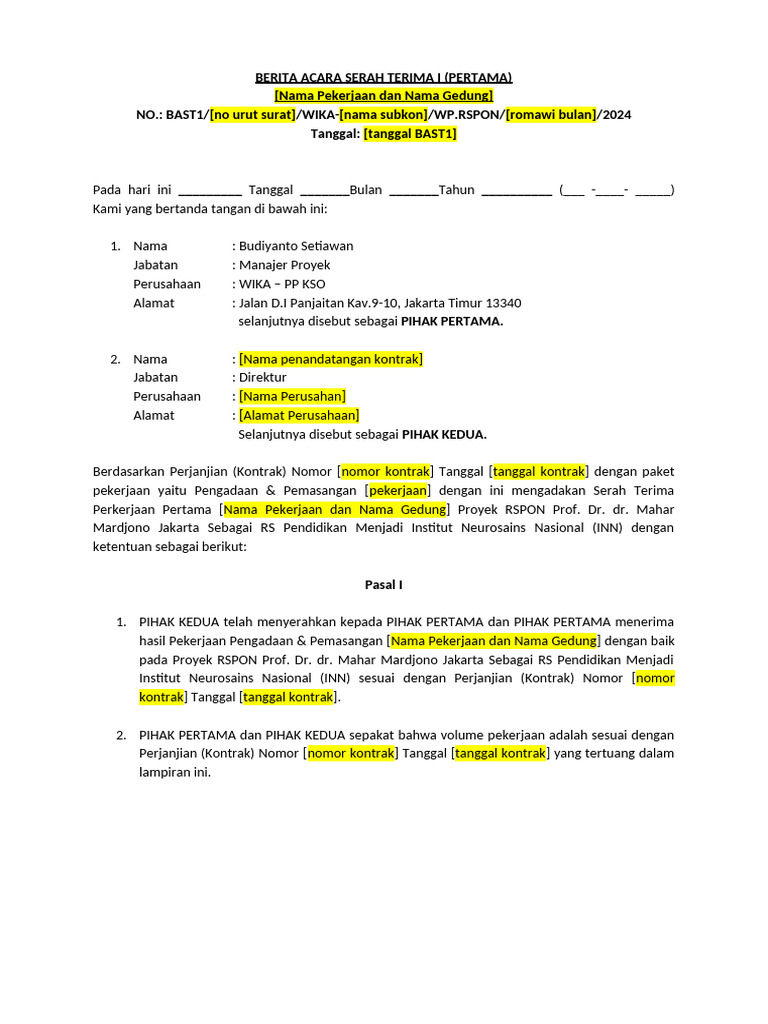 [Draft] Berita Acara Serah Terima Pertama Pekerjaan 100_ - Vendor | PDF