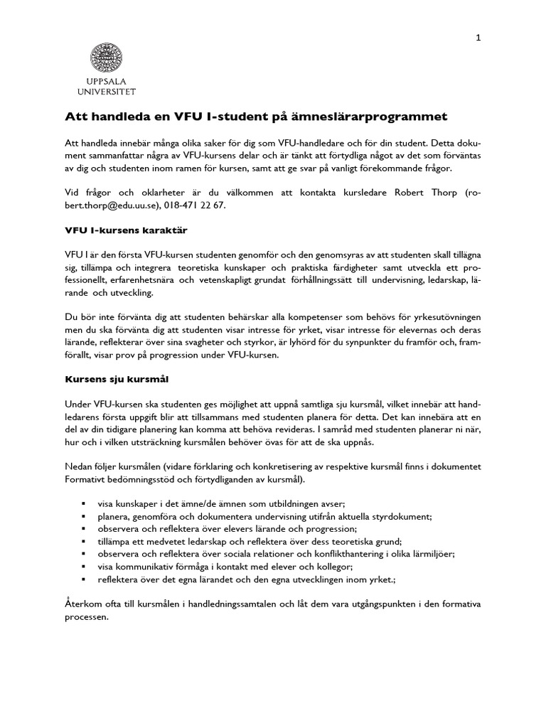 Lärarhandledning VFU I VT25 | PDF