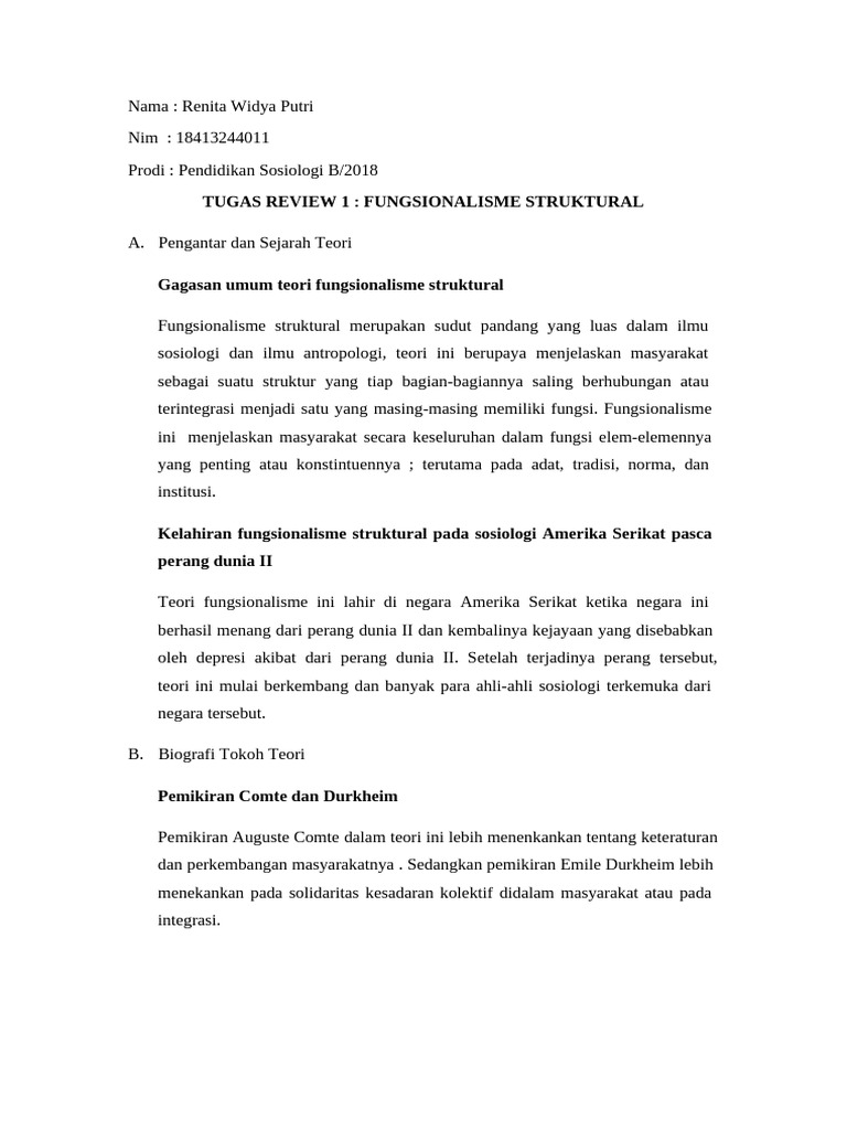 Teori Fungsionalisme Struktural dalam Sosiologi | PDF