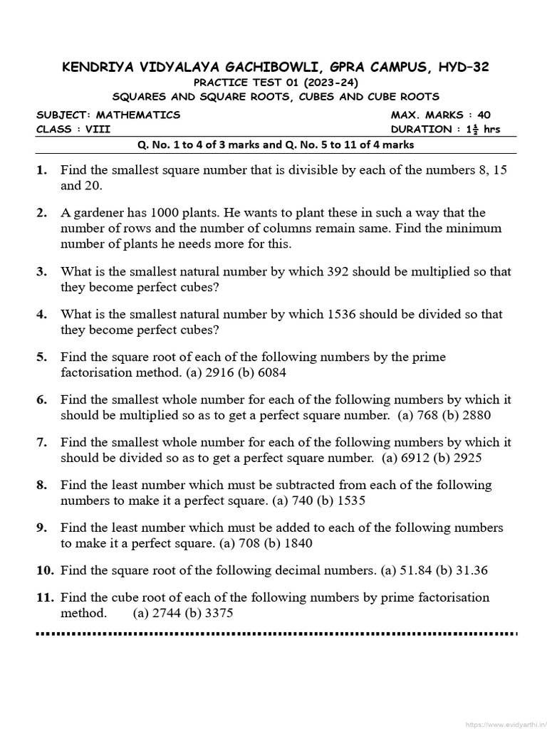 Cbse Maths Class 8 Practice Test Squares and Square Roots Cubes and ...