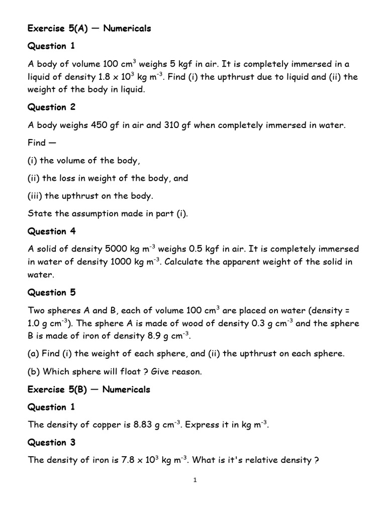 Class 9 CHP 4 5 Physics Numericals | PDF | Density | Buoyancy