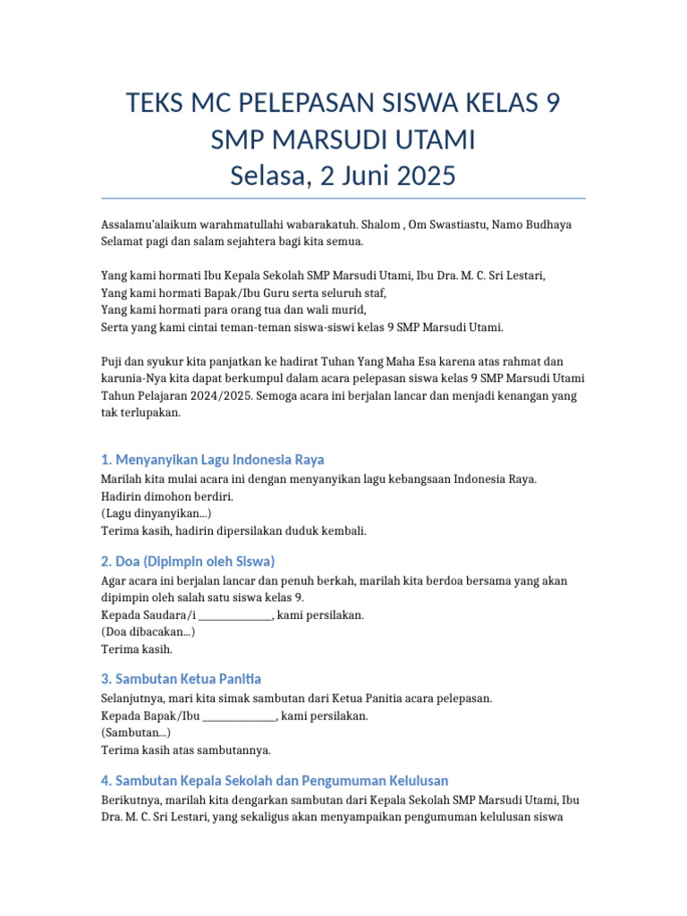 Teks - MC - Pelepasan - SMP - Marsudi - Utami - 2025. Done | PDF