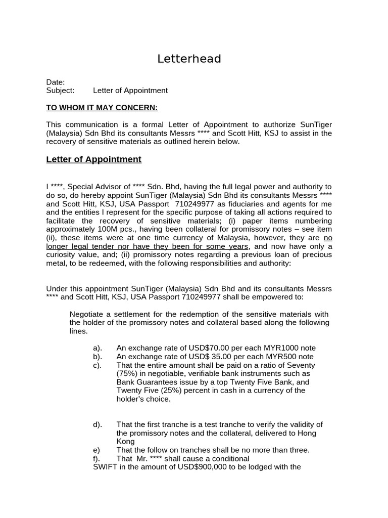 Formal Letter of Appointment for Recovery | PDF | Currency | Promissory ...