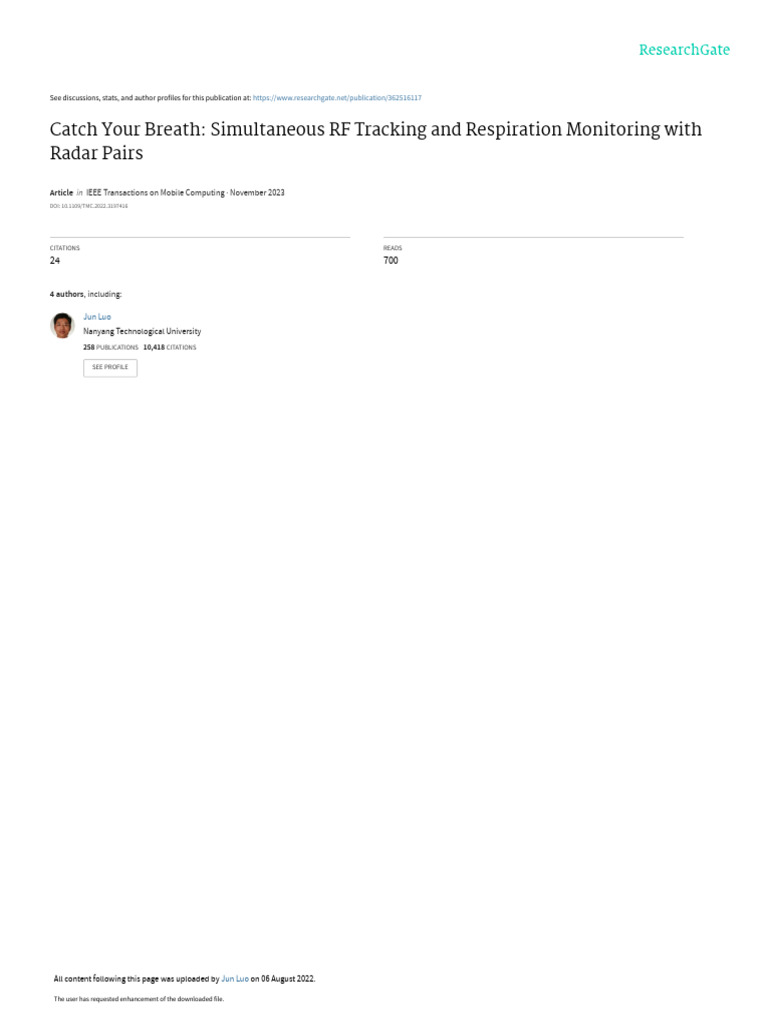 Catch Your Breath Simultaneous RF Tracking | PDF | Radar | Kalman Filter