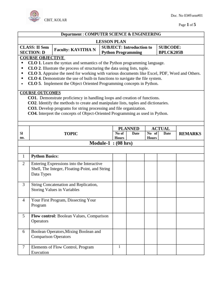 Python Lesson Plan 2023-24 FORMAT | PDF | Python (Programming Language) | Programming