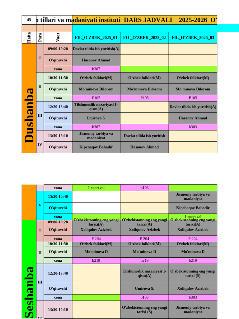 Dars Jadvali Fil 2025 2026 .6.10-11.10 | PDF