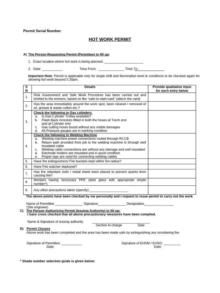 Hot Work Permit Checklist Template | PDF | Welding | Construction