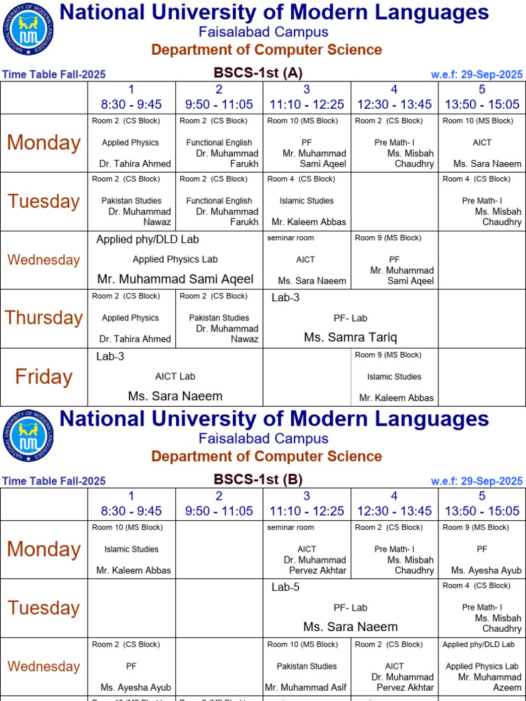 Semester-Wise Time Table - CS Dept. W.E.F 29-09-2025 | PDF ...