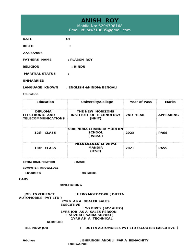 Resume of Anish Roy - Sales Executive | PDF