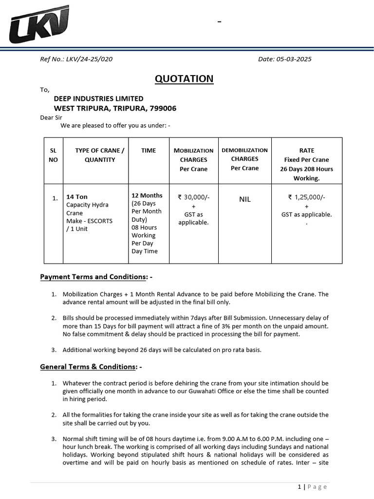 Crane Rental Quotation for Deep Industries | PDF | Crane (Machine ...