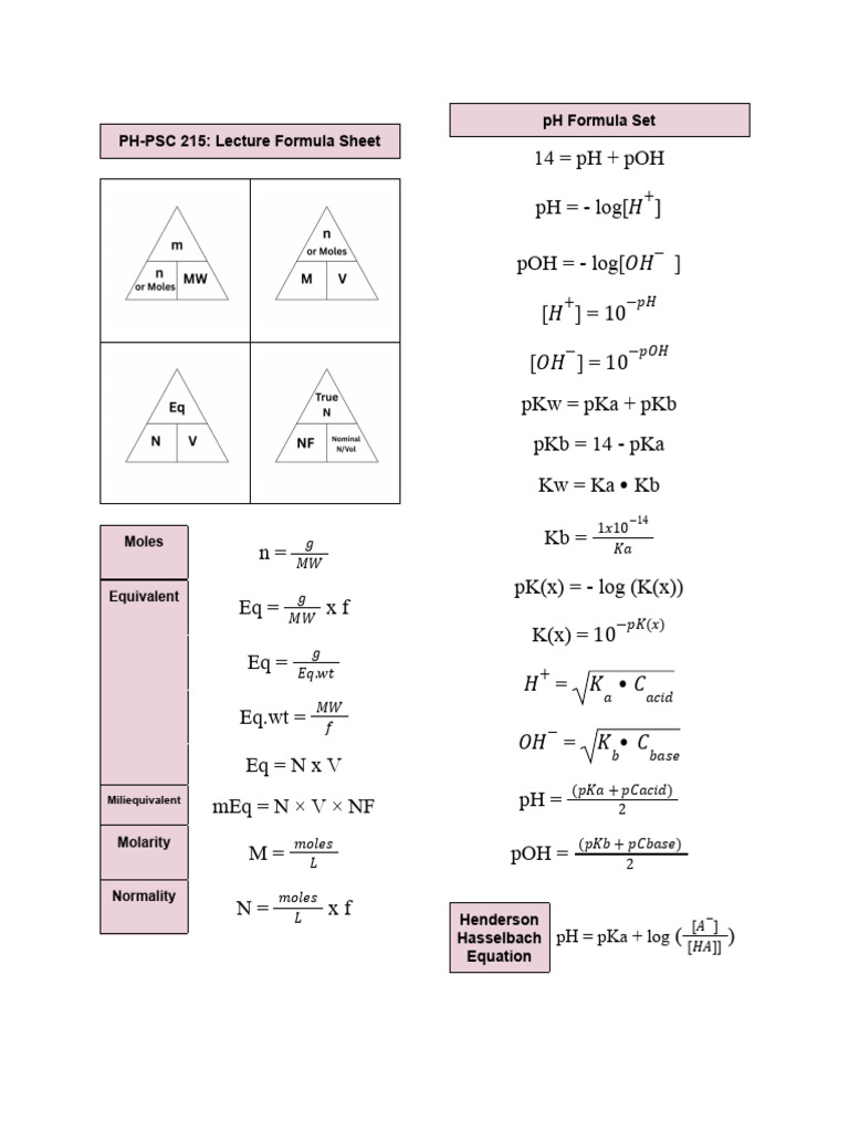PH PSC 215 Formula Sheet | PDF | Ph | Titration