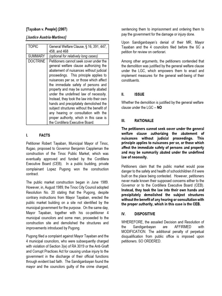 Tayaban v. People: Nuisance Abatement Case | PDF | Public Law | Justice