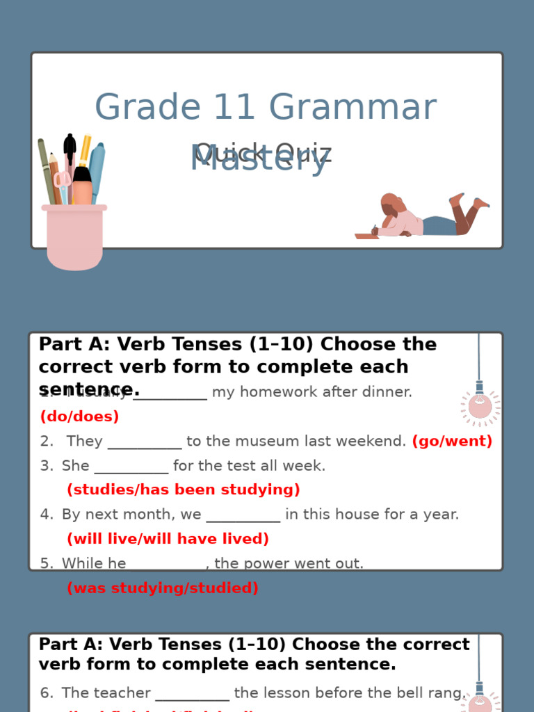 Grade 11 Grammar Mastery Quiz | PDF | Verb | Syntax