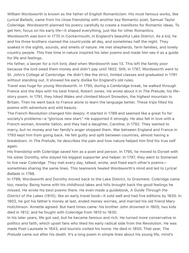 William Wordsworth Is Known As The Father of English Romanticism. His ...