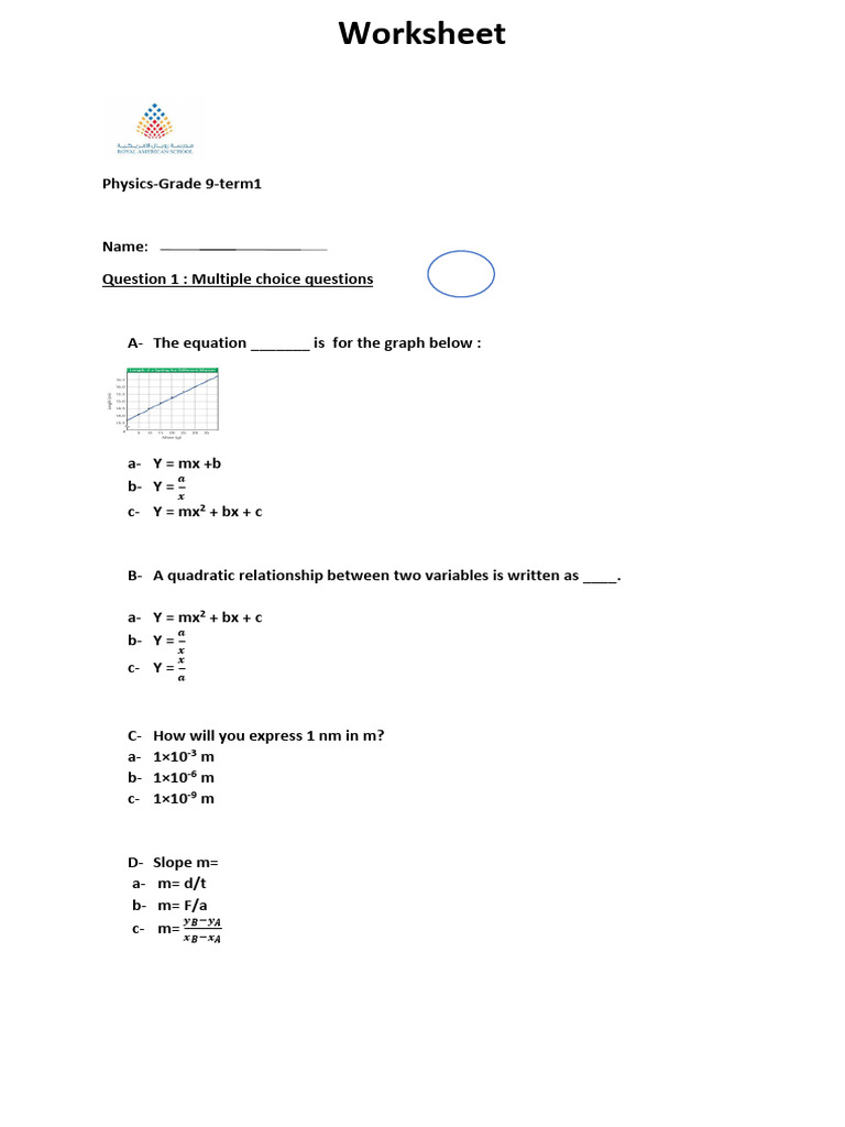 PHYSICS - Worksheet 1 - Grade 9 | PDF