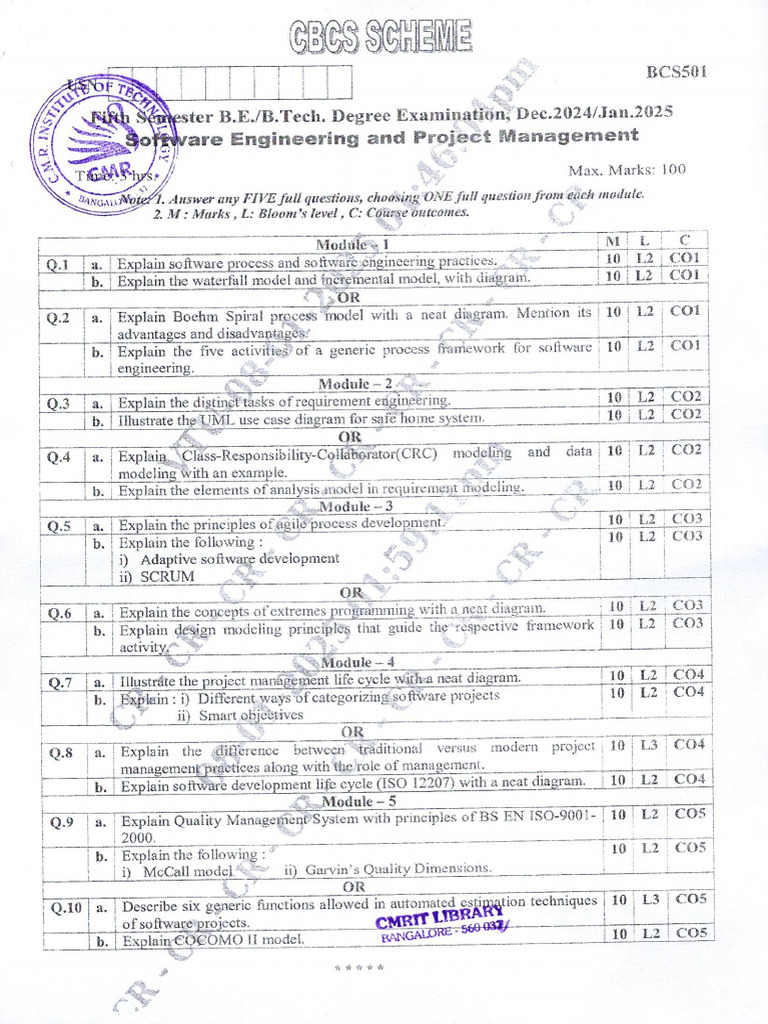 VTU Question Paper of BCS501 Software Engineering and Project Management Dec-2024 - Jan-2025 | PDF