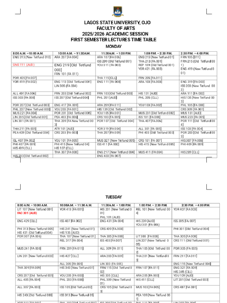Modified 2025 2026 First Semester Lectures Time-Table - Phoenix | PDF