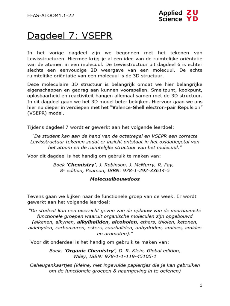 Dagdeel 7 - VSEPR - Antwoordsleutel - Aangepast Functionele Groepen | PDF
