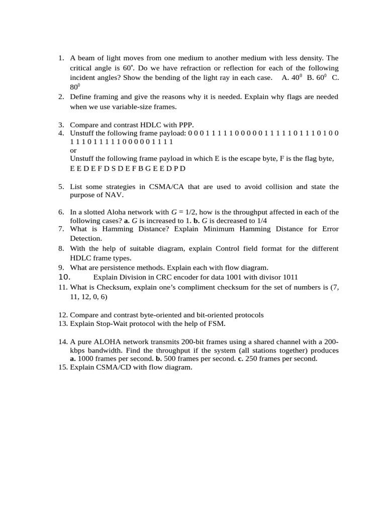 Light Refraction, Networking Protocols, and Error Detection Explained | PDF
