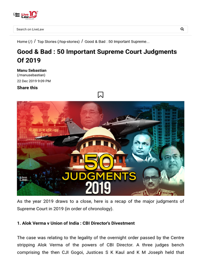 Good & Bad - 50 Important Supreme Court Judgments of 2019 | PDF ...