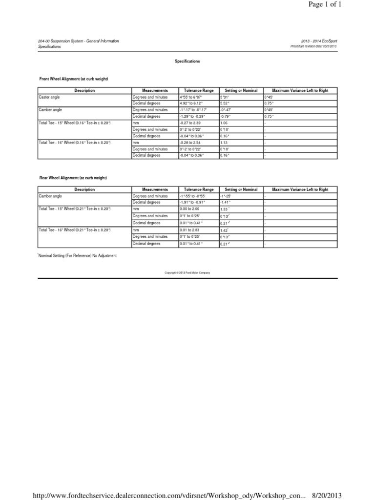 2013-2014 EcoSport Wheel Alignment Specs | PDF | Transportation ...