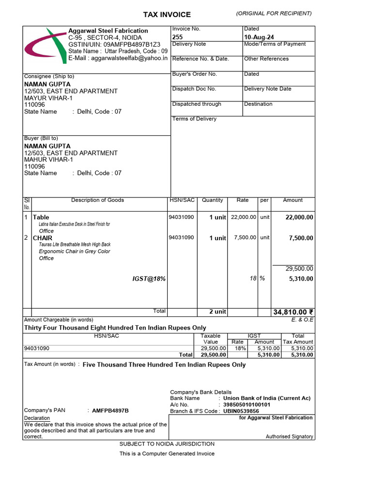 Tax Invoice: Aggarwal Steel Fabrication 255 10-Aug-24 | PDF ...