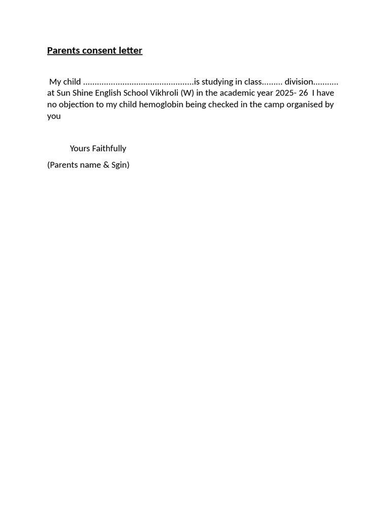 Parents Consent Letter | PDF