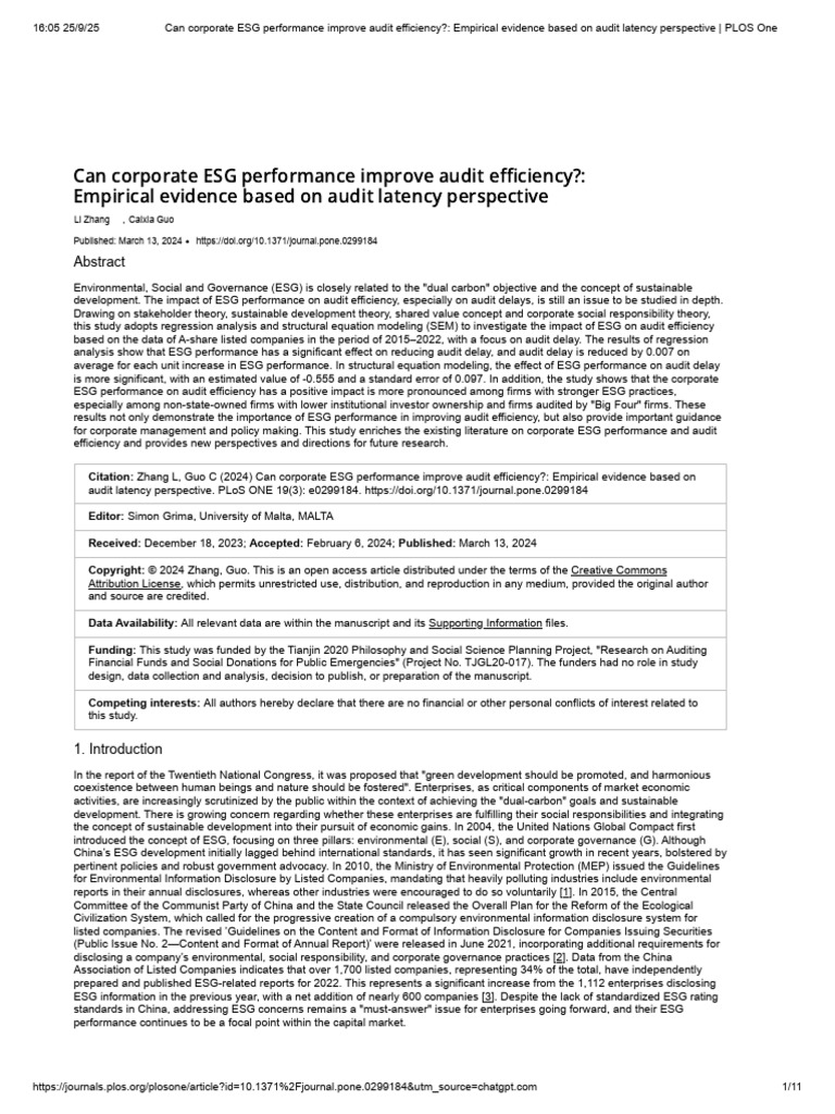 Can Corporate ESG Performance Improve Audit Efficiency - Empirical ...