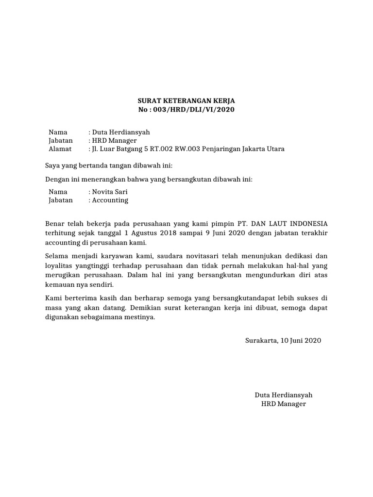 Contoh Surat Keterangan Kerja | PDF