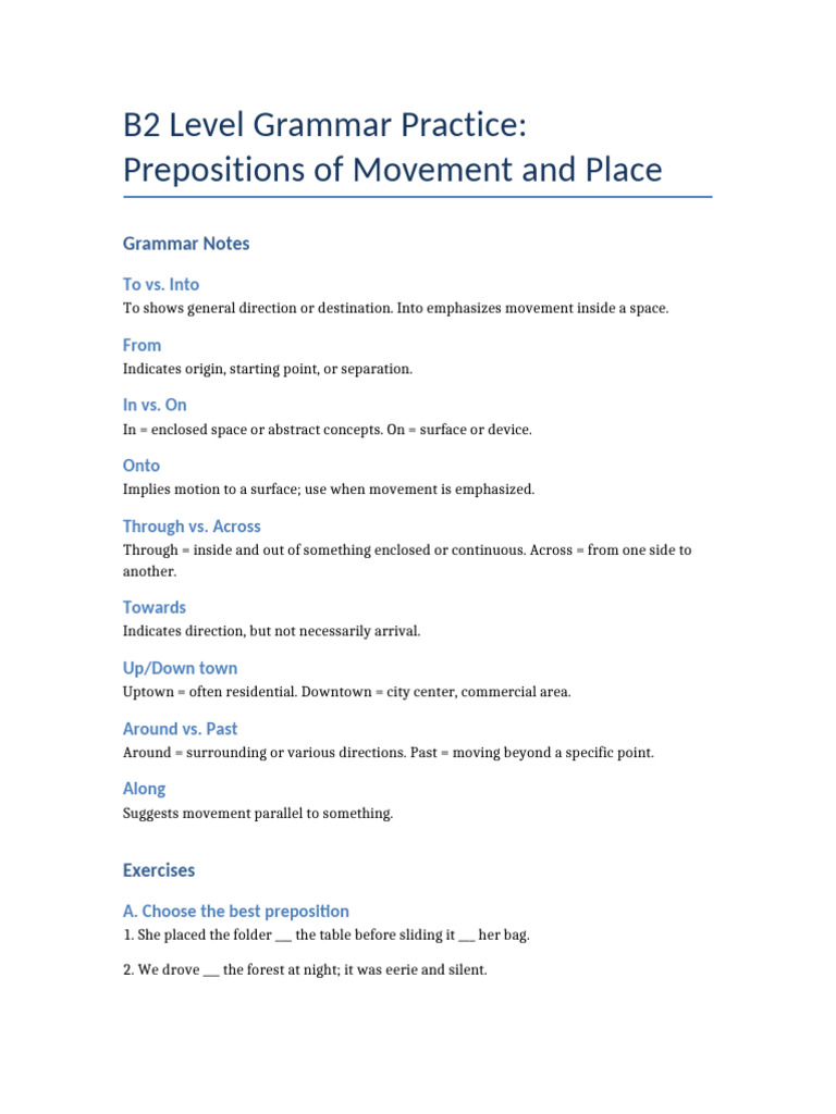 B2 Prepositions Worksheet | PDF