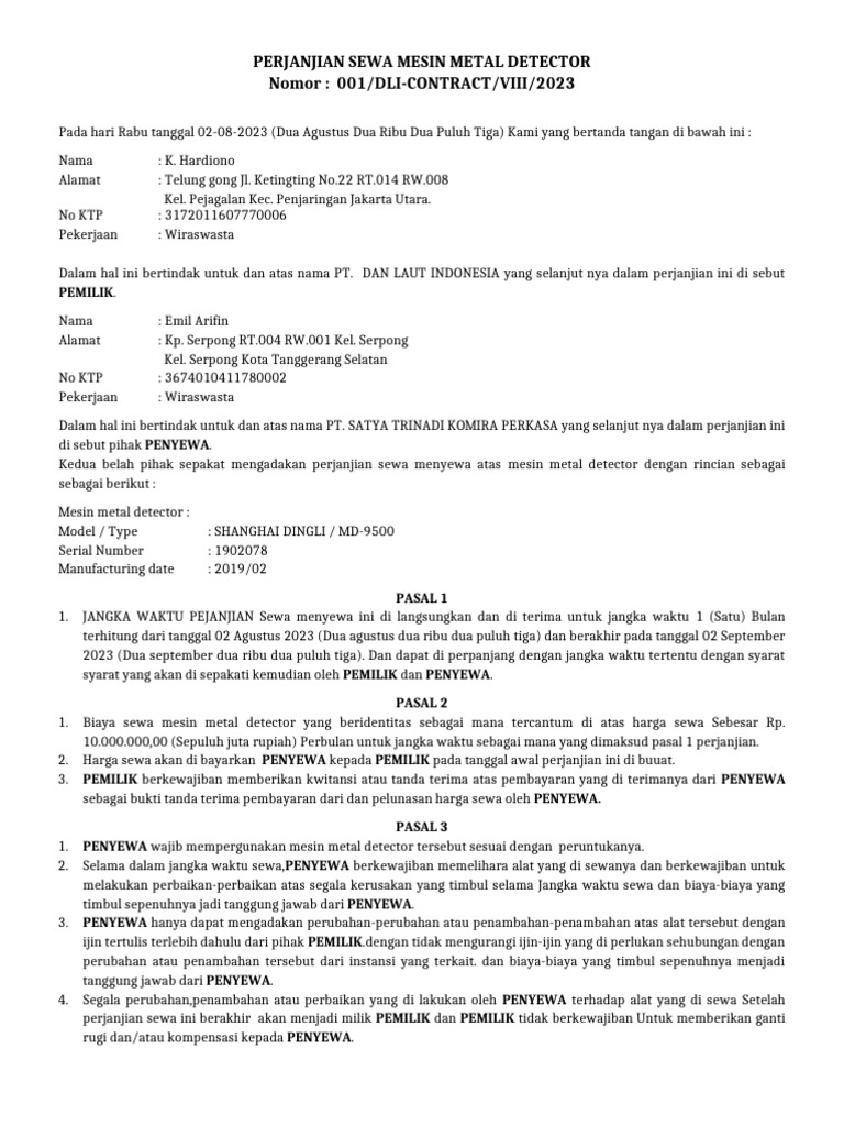 Perjanjian Sewa Mesin Metal Detector | PDF