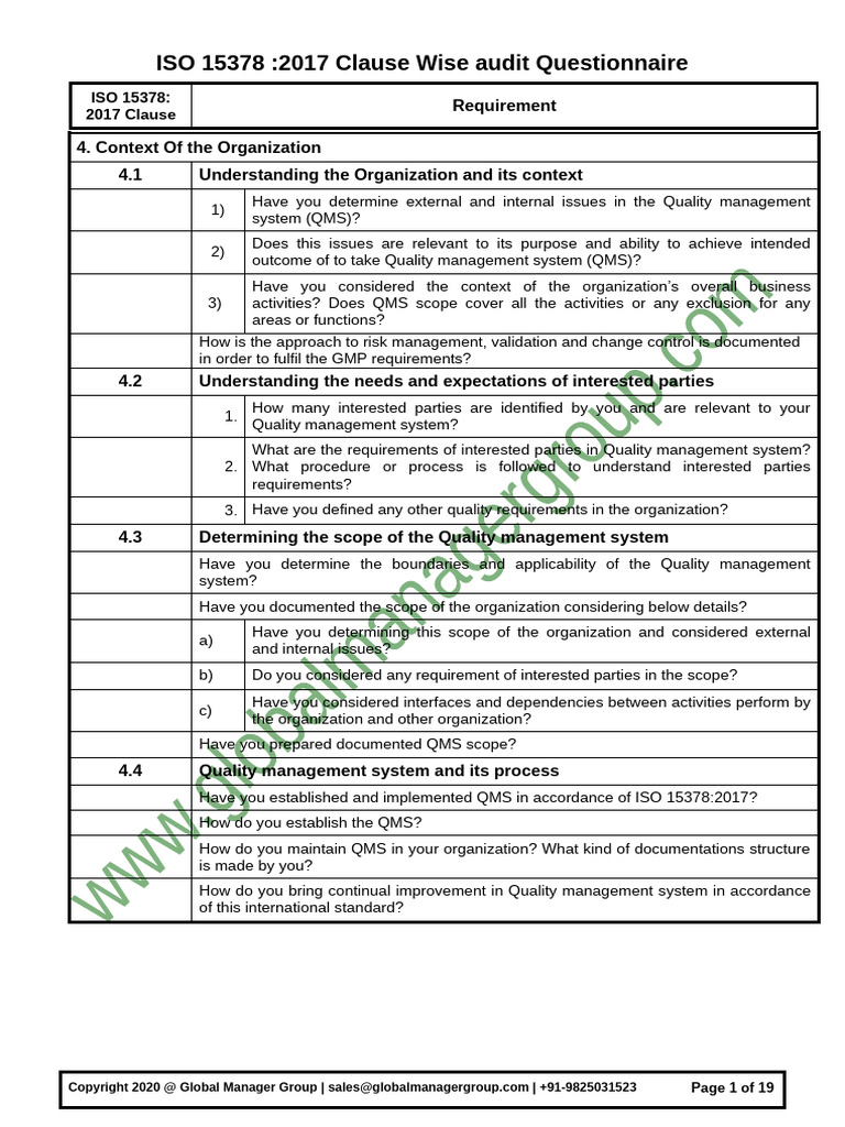 ISO 15378 - 2017 - Audit Questions | PDF | Quality Management System ...