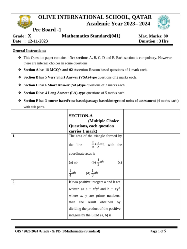 Class X Pre-Board Paper 2023-24 (Olive School, Qatar) | PDF | Circle ...