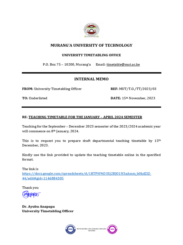 Teaching Timetable January - April 2024 | PDF
