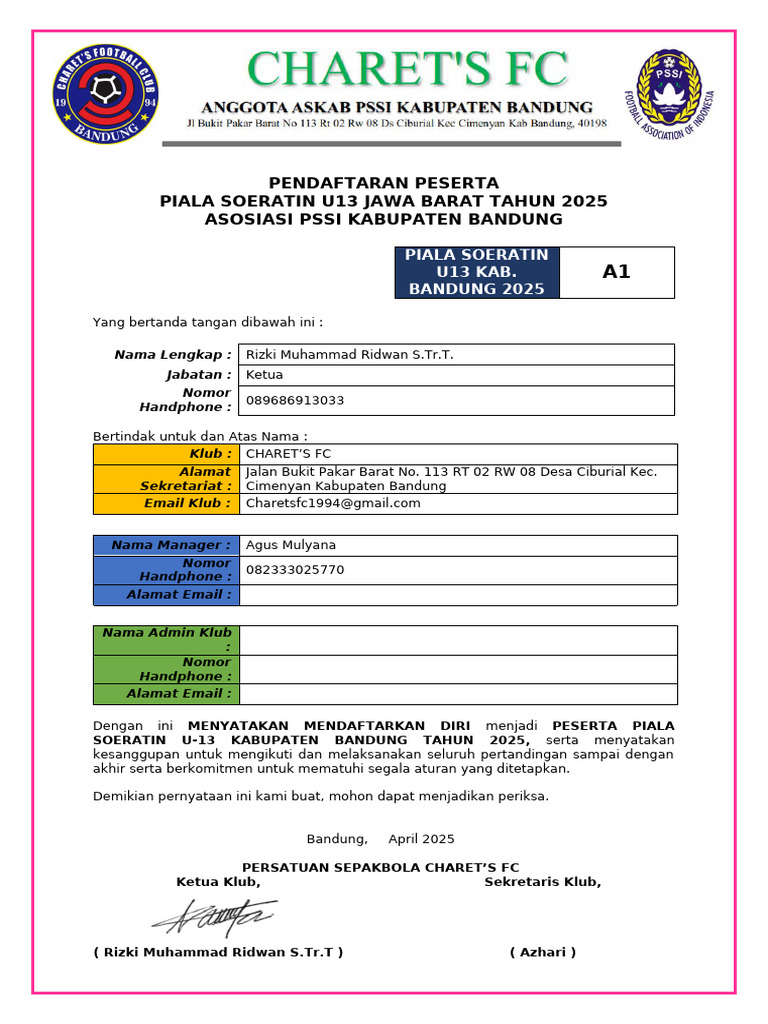 Formulir A1 Dan A2 Pendaftaran KLUB Piala Soeratin U13 Tahun 2025 - Charets FC | PDF