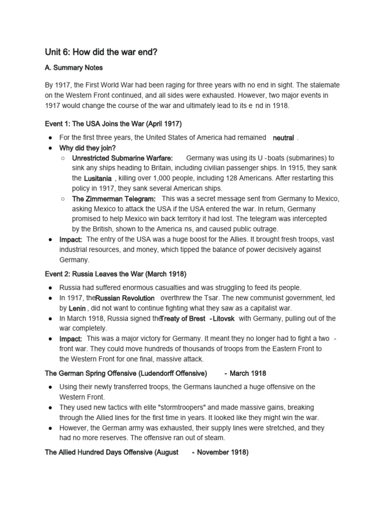 Unit 6 How Did The War End-Notes | PDF | German Empire | Western Front ...