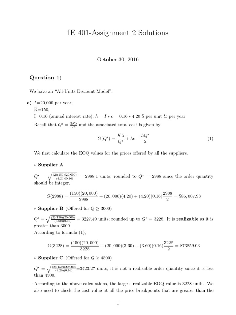 EOQ Model Solutions and Cost Analysis | PDF