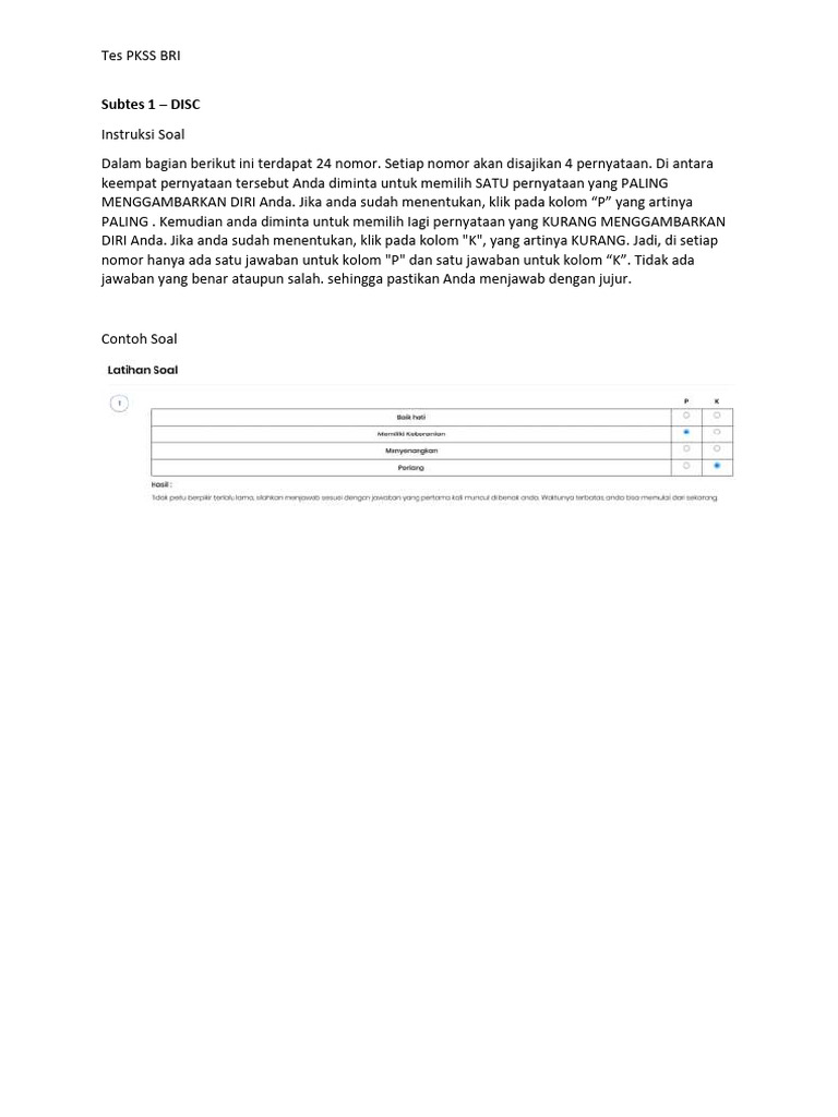 Tes Kepribadian PKSS BRI | PDF