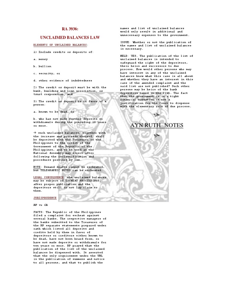 Unclaimed Balances Law (Ayn Ruth Notes) | PDF
