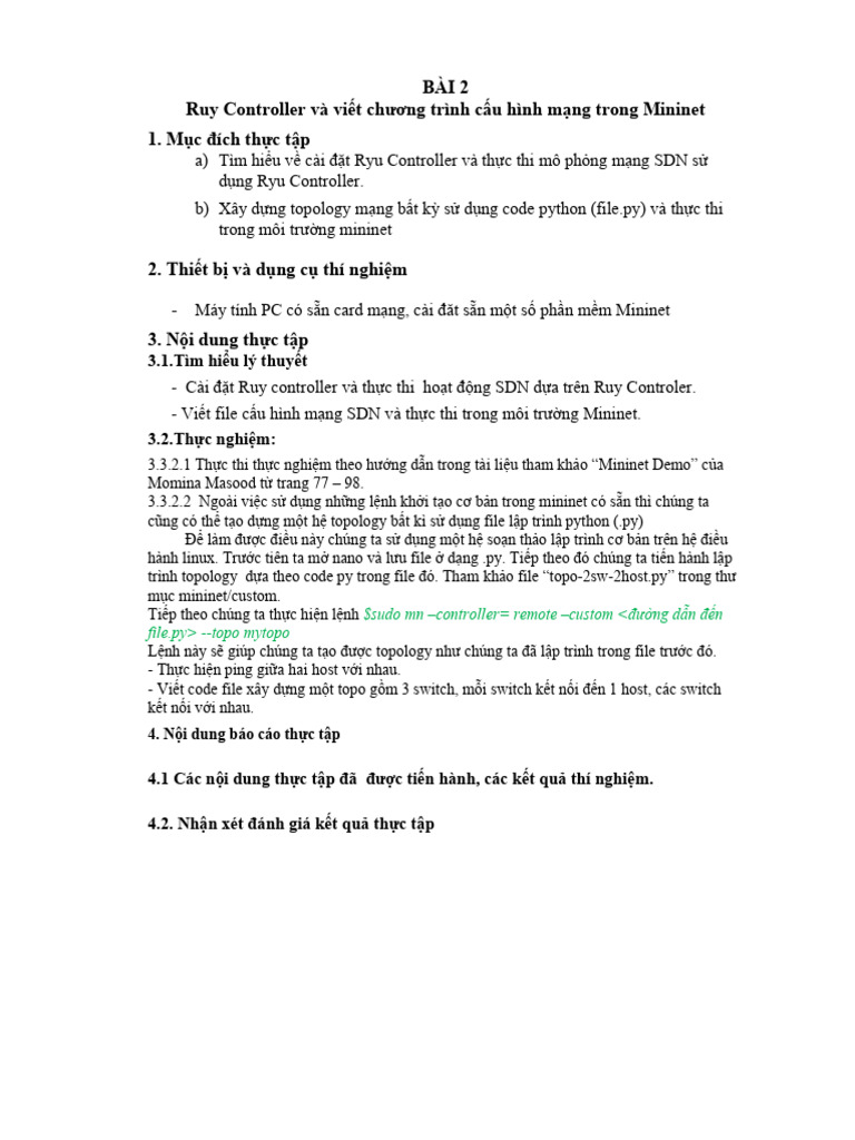 Bai 2-Cài Đặt Ruy Controller Và Viết Chương Trình Cấu Hình Mạng Trong Mininet | PDF