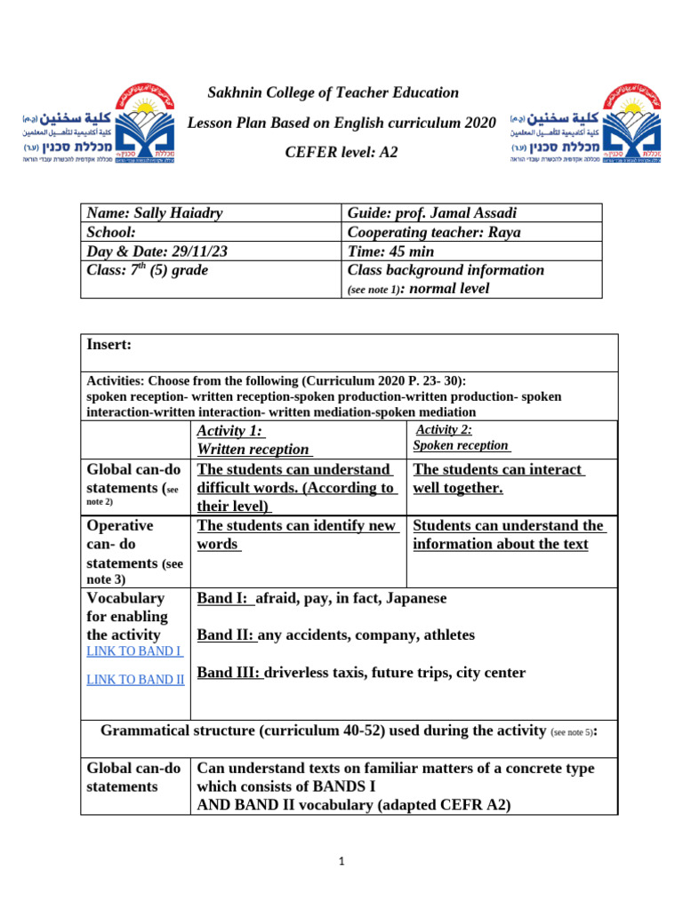 A2 English Lesson Plan for 7th Grade | PDF | Curriculum | English Language