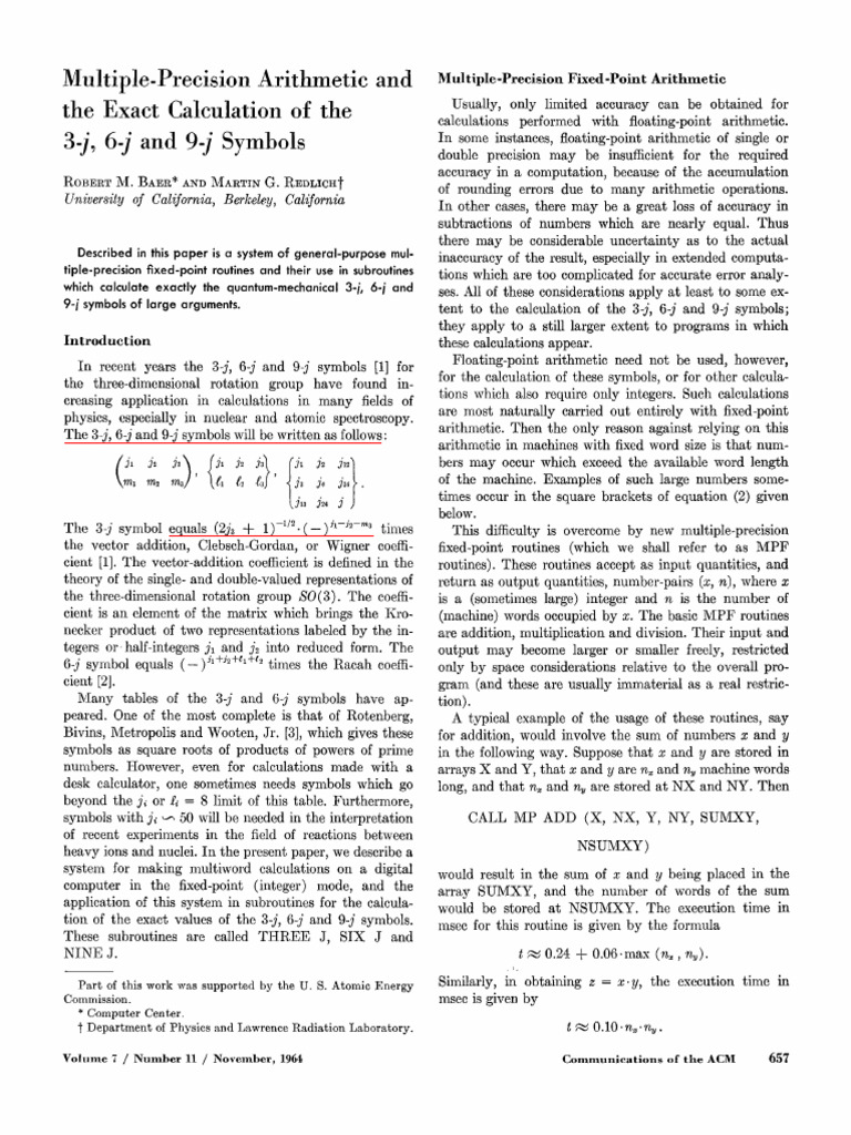 1964-Multiple-Precision Arithmetic and The Exact Calculation of The 3-j, 6-j, and 9-j Symbols ...